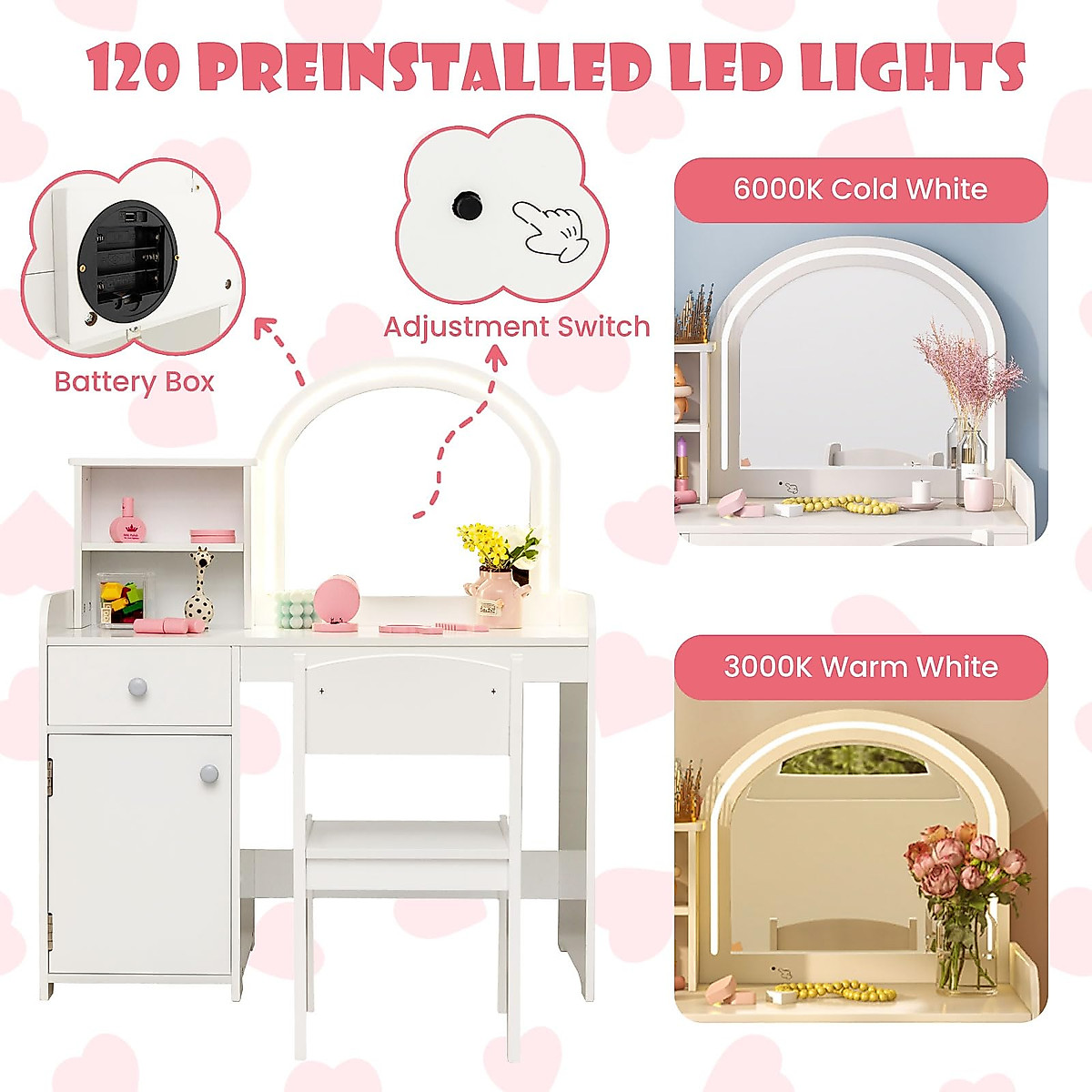 INFANS Kids Vanity, Princess Makeup Desk and Chair Set with Lights Mirror Drawer Storage Shelves, Wooden Dressing Table, Pretend Play Vanity Set for Toddler Girls