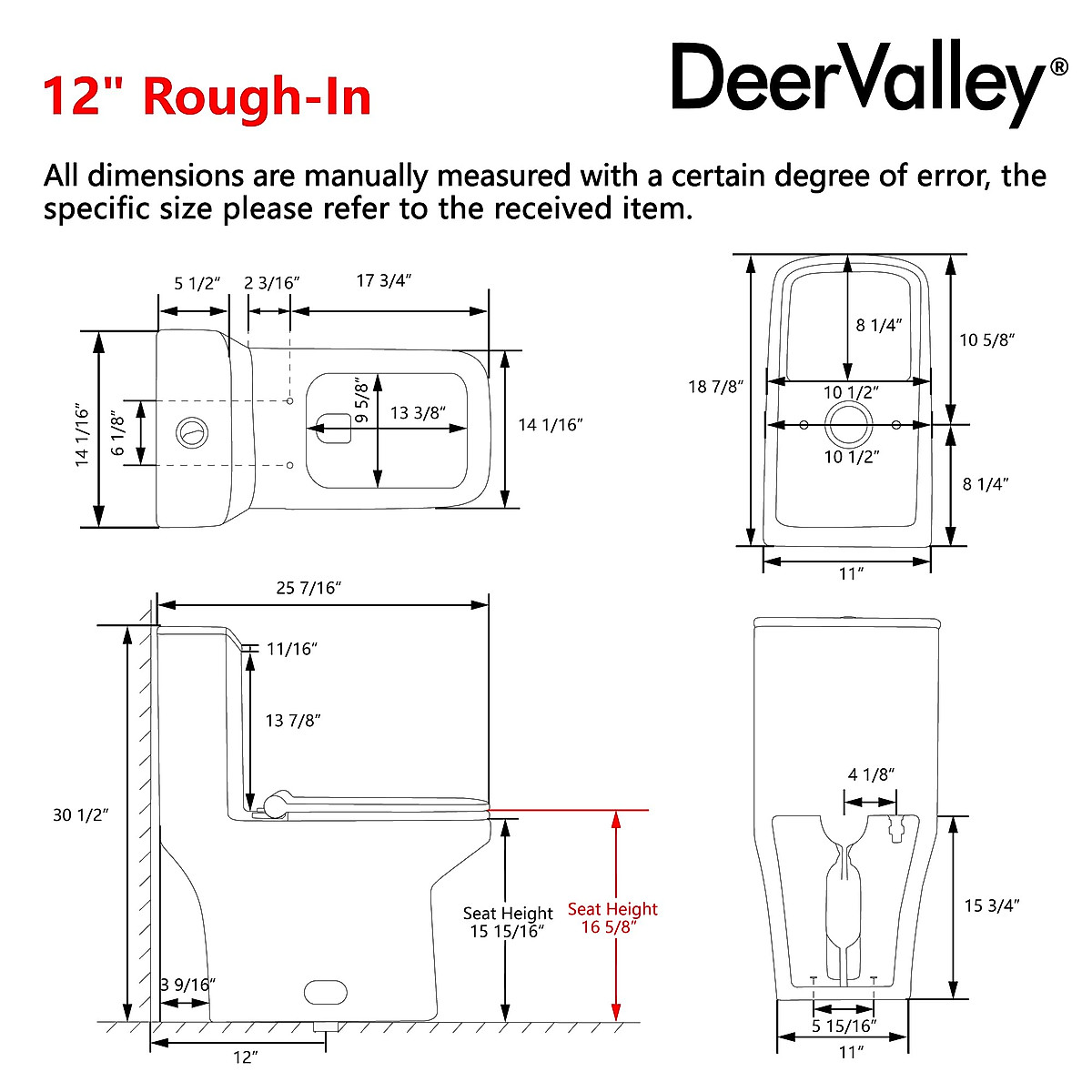 One Piece Toilet, DeerValley DV-1F0071 Modern Elongated Toilet Power Dual Flush 1.1/1.6 GPF Toilet for Bathroom 12" Rough in Rectangular Bowl, 1000g MaP