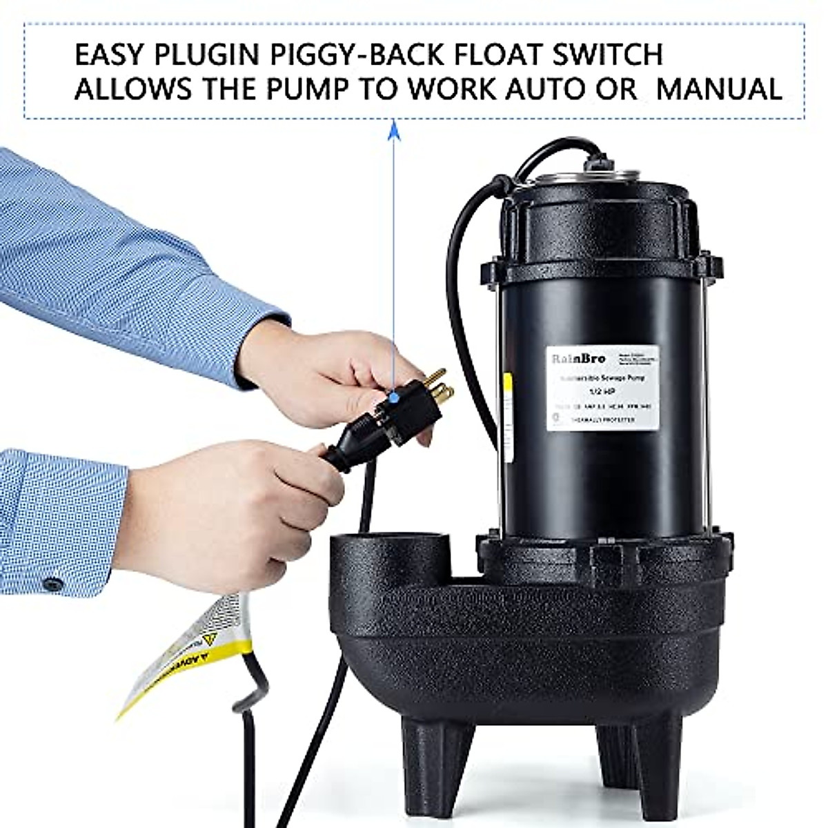 RainBro 1/2 HP Cast Iron Submersible Sewage Pump With 10 ft. Piggy Back Tether Float Switch, Model# CSE050