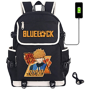 Roffatide Anime Blue Lock Laptop Backpack with USB Charging Port Yoichi Isagi Rucksack with Printed Wanima Backpack for Men Women Seishiro Nagi Graphic Travel Yor Backpack D