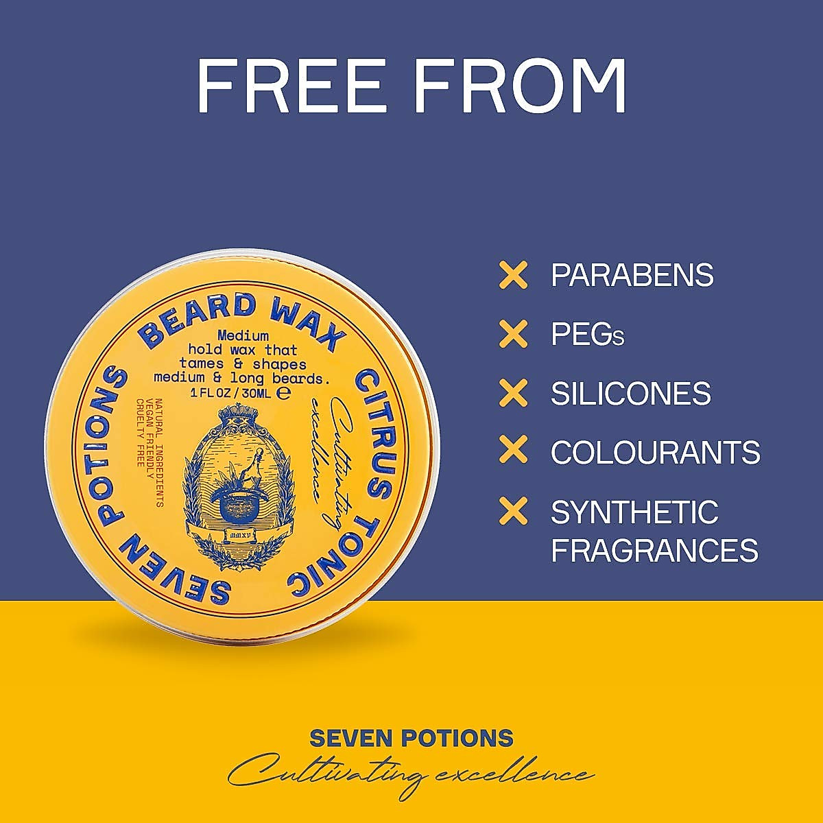 SEVEN POTIONS Beard Wax for Men — Medium Hold Styling Wax to Shape And Nourish Your Beard — All-Natural, Vegan, Cruelty Free — Citrus Tonic (1 FL OZ)