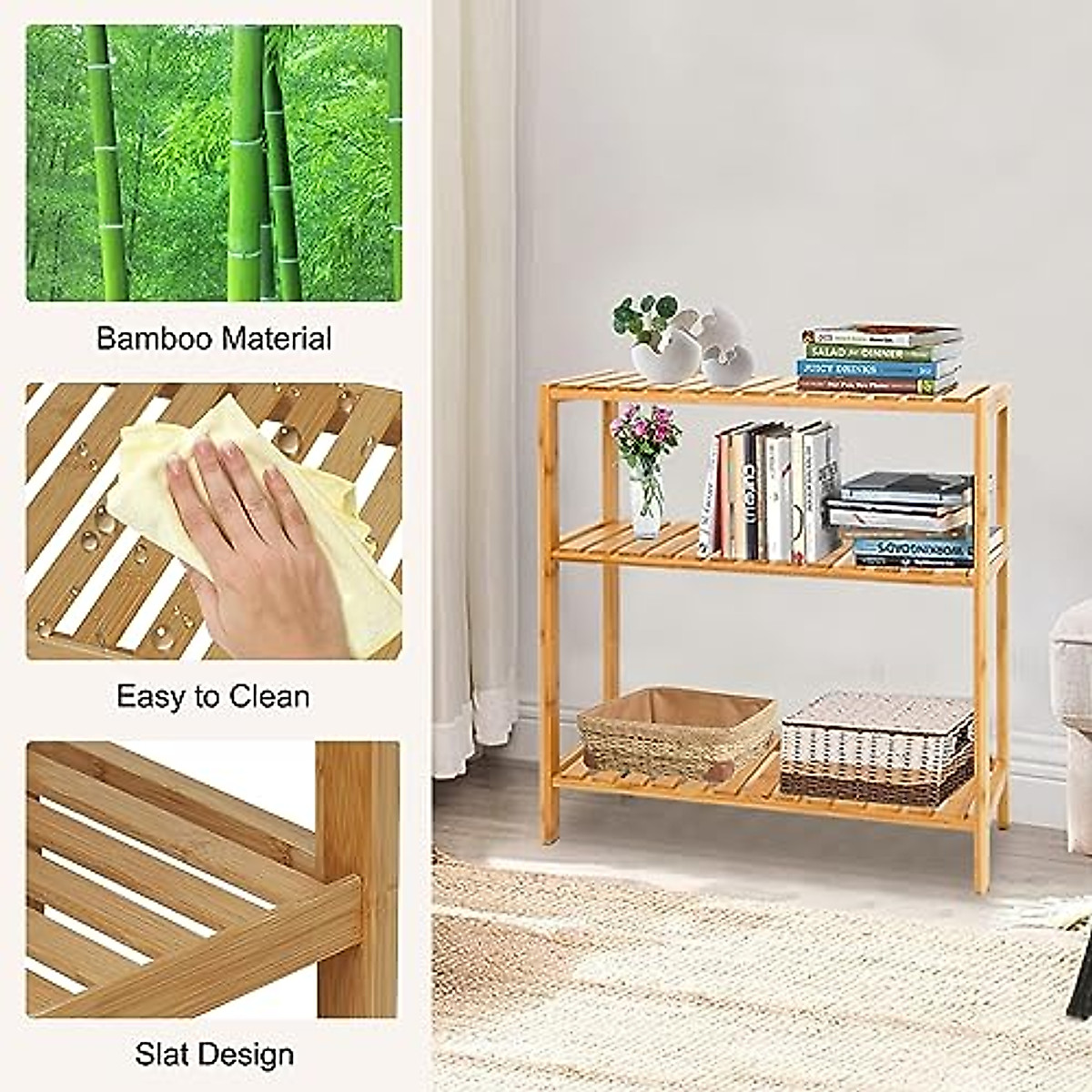 kinbor Bamboo Rack Multifunctional Bathroom Kitchen Living Room Holder Plant Flower Stand Utility Storage Shelf (3-Tier)