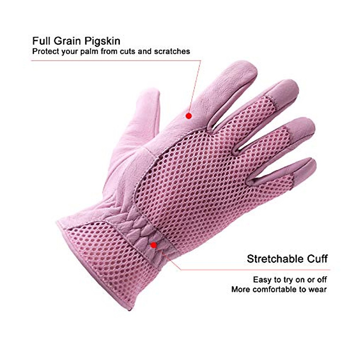 HLDD HANDLANDY Women Gardening Gloves with Grip, Leather Work Gloves Women, 3D Mesh Breathable Rose Garden Gloves (Medium, Pink)