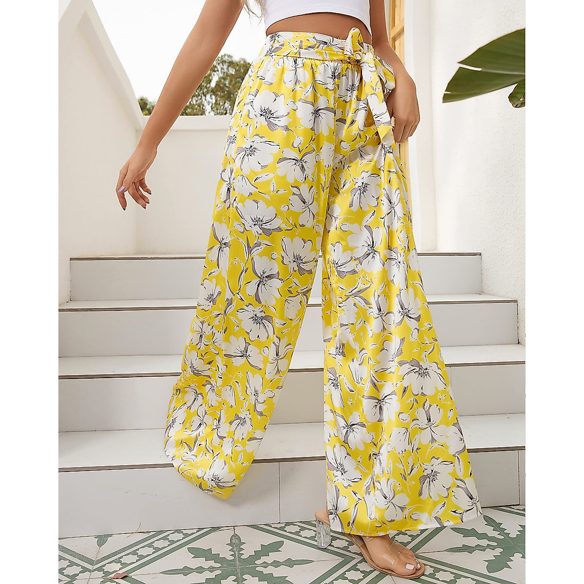 QIANXIZHAN Women's Wide Leg Pants, High Waisted Palazzo Pants Dressy Summer Flowy Casual Lounge Work Dress Pants Trousers Yellow Flower XL