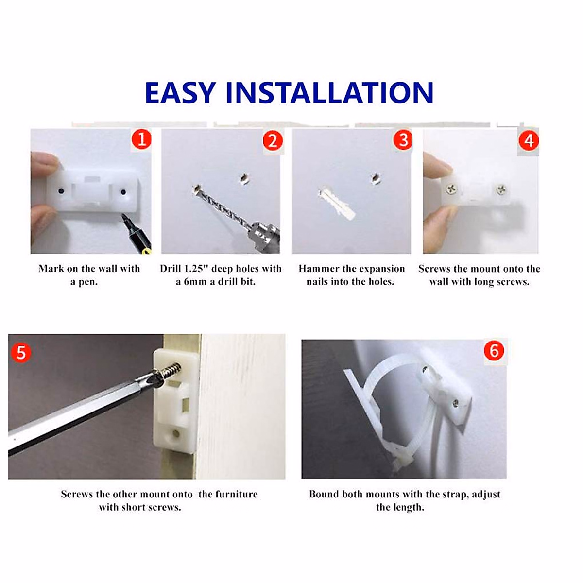 6 pack Anti Tip Furniture Wall Anchors Kit Furniture Straps for Baby Proofing Safety Child Safety Straps Earthquake Resistant for Dresser Cabinet Bookshelf,Bearing 150Ib Adjustable Nylon Straps