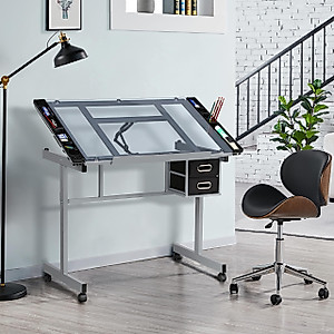 Yaheetech Drafting Table Drawing Table Artist Desk Tilted Tabletop Art Craft Desk with Height Adjustable Rolling Stool for Home Office