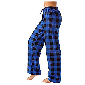 Women's Plaid Pajama Pants Casual Wide Leg Palazzo Pants Fuzzy Christmas Pjs Bottoms Trousers Drawstring Elastic Waist Lounge Pants Sleepwear with Pockets Blue S