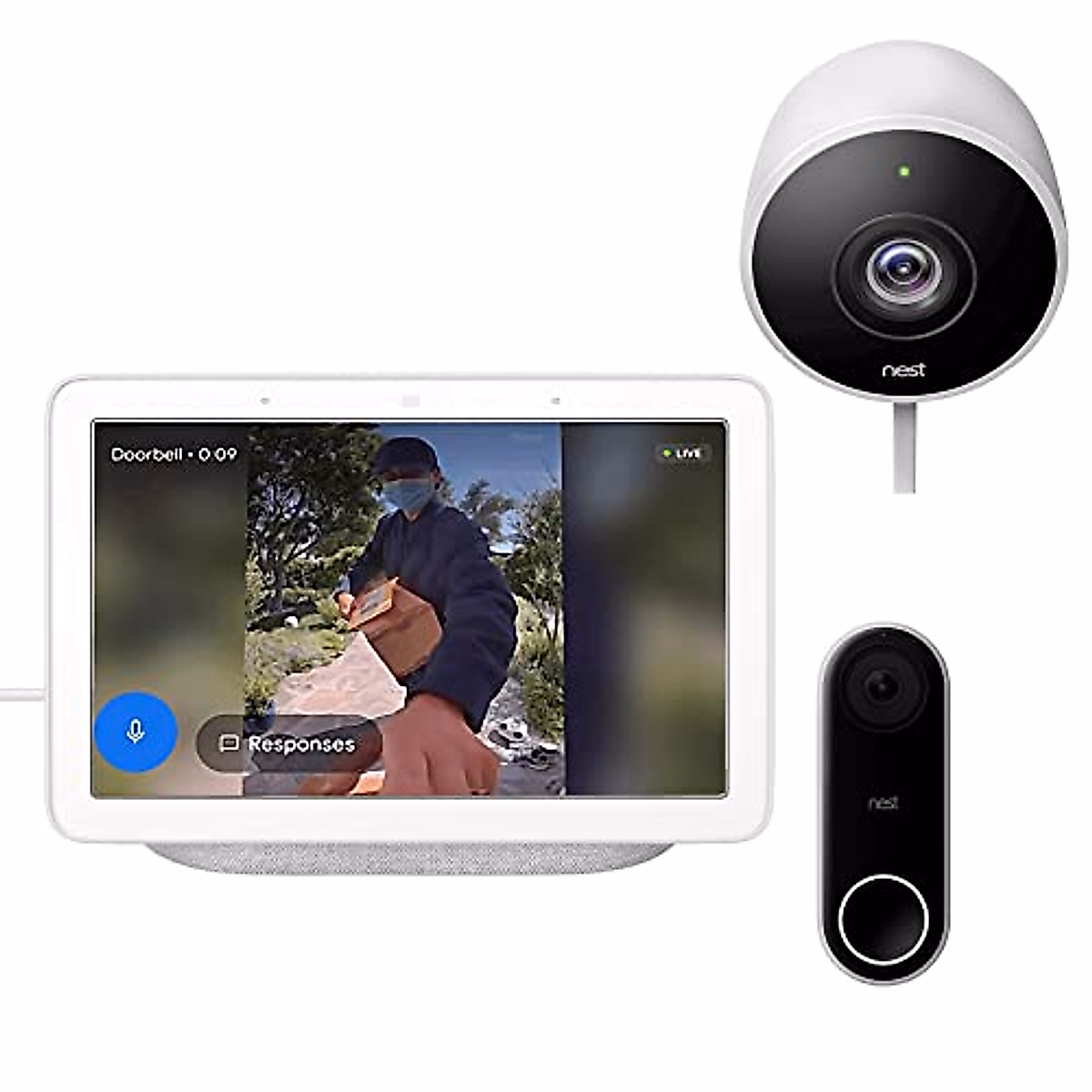 Google Nest Hello Front Door Bundle with 7 inch Display and Wired Camera Doorbell and Wired Nest Cam Outdoor Security Camera