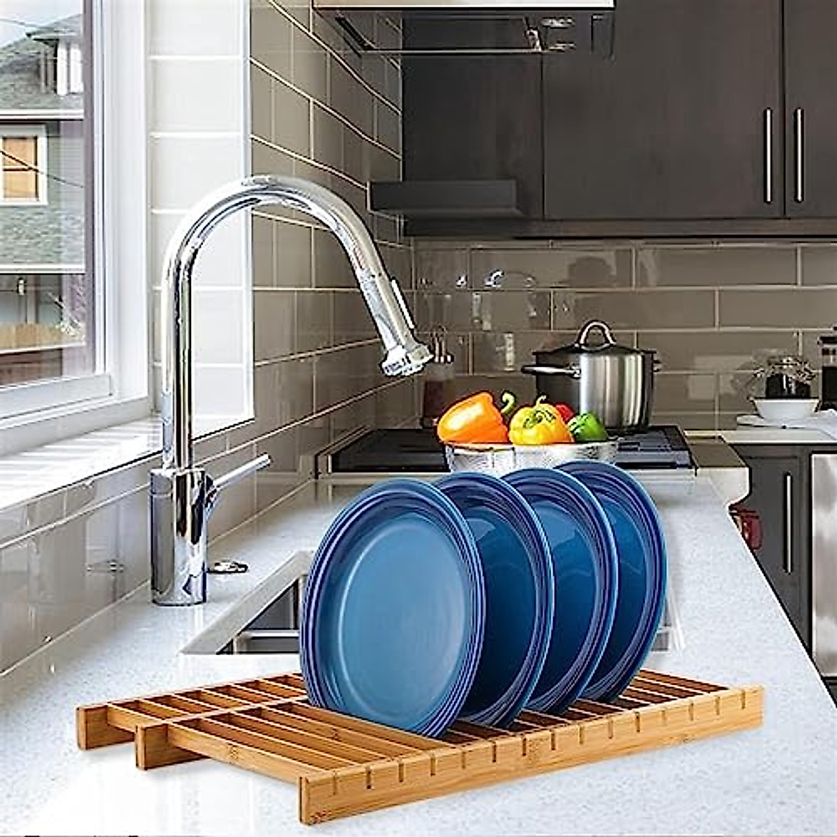 TBMAKE Dish Racks Drying Rack, Bamboo Dish Rack Plate Stand Pot Lid Holder Kitchen Cabinet