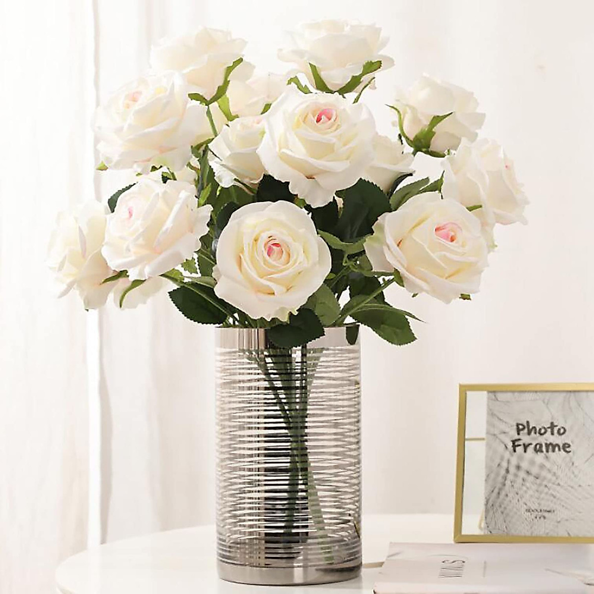 Artificial Rose Flower 12 Heads Bridal Bouquet Silk Rose Bulk for Wedding Home Valentine's Day Party Decor White Rose