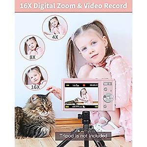 Digital Camera, Zostuic Autofocus 48MP Kids Camera with 32 GB Card Vlogging Camera with 16X Zoom, 1080P Compact Portable Mini Cameras for 4-15 Year Old Kid Children Teen Student Girls Boys(Pink)
