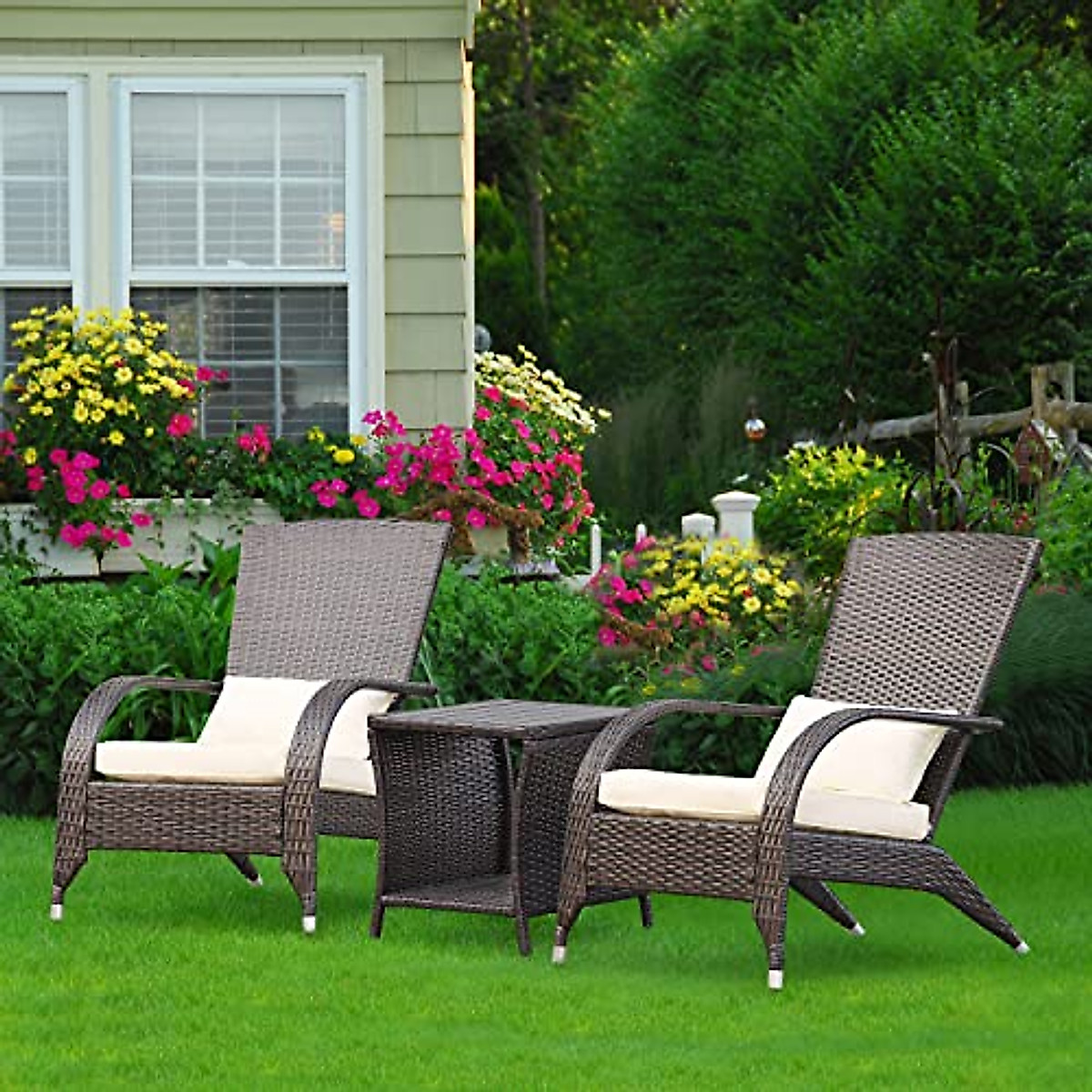 Outdoor Side Table for Patio Small Rattan Wicker Coffee Table Balcony Table Outside End Table with Poly Lumber Table Top & Storage Bistro Table for Garden Pouch Deck Living Room Backyard Brown