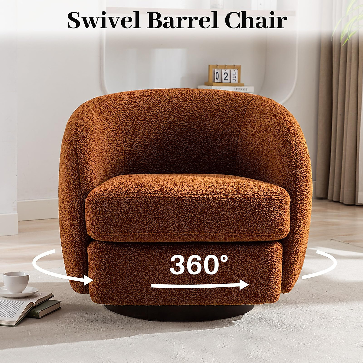 obmedin Swivel Accent Barrel Armchair with Wood Base Round Boucle Modern Upholstered Accent Chair for Nursery Living Room Bedroom Nursery Club, Burnt Orange
