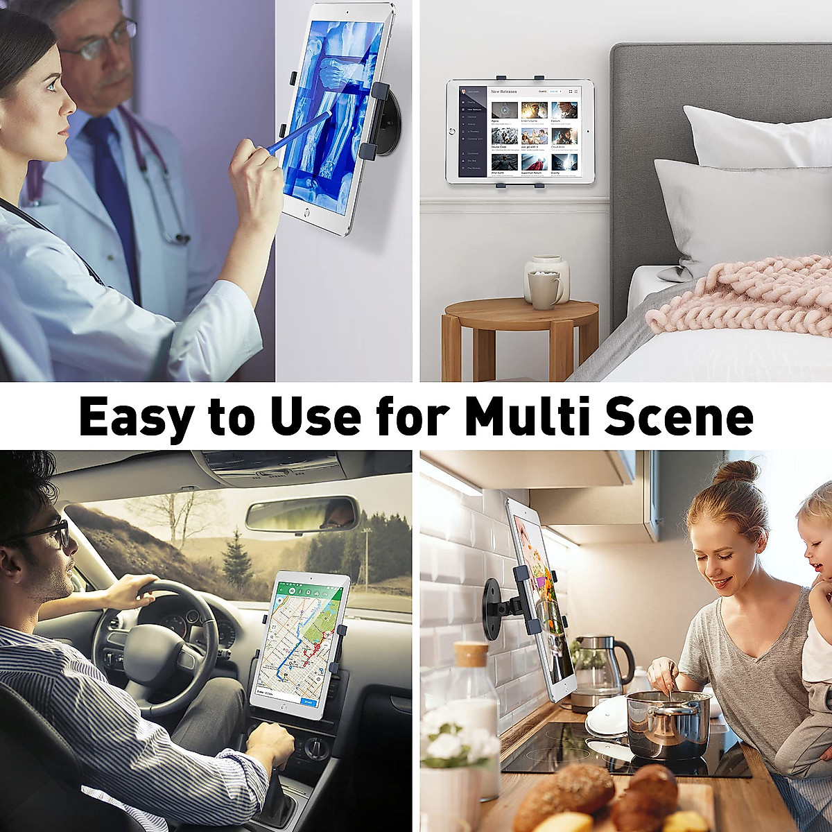 AboveTEK iPad Wall Mount, Swivel 360° Rotating Tablet Holder Two Brackets to Fit 6-13" Tablets, Horizontal/Vertical Tilt iPad Arm for Flexible Viewing Angles in Kitchen Showroom Retail Store (Black)