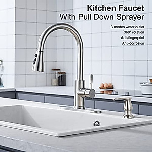 Brushed Nickel Pull Down Kitchen Faucet with Soap Dispenser - High Arc 3-Function Pull Out Kitchen Faucet, Stainless Steel Kitchen Sink Faucet with Pull Down Sprayer Single Hole Single Handle
