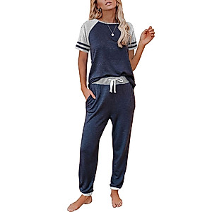 AUTOMET Womens Fall Fashion 2023 Lounge Sets Two Piece Outfits Loungewear Short Sleeve Crewneck Jogger Pajama Set and Sweatpants Tracksuit