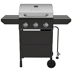 Nexgrill Premium 3 Burner Propane Barbecue Gas Grill, Side Table Open Chart with Wheels, Outdoor Cooking, Patio, Garden Barbecue Grill, 27000 BTUs, Black and Silver