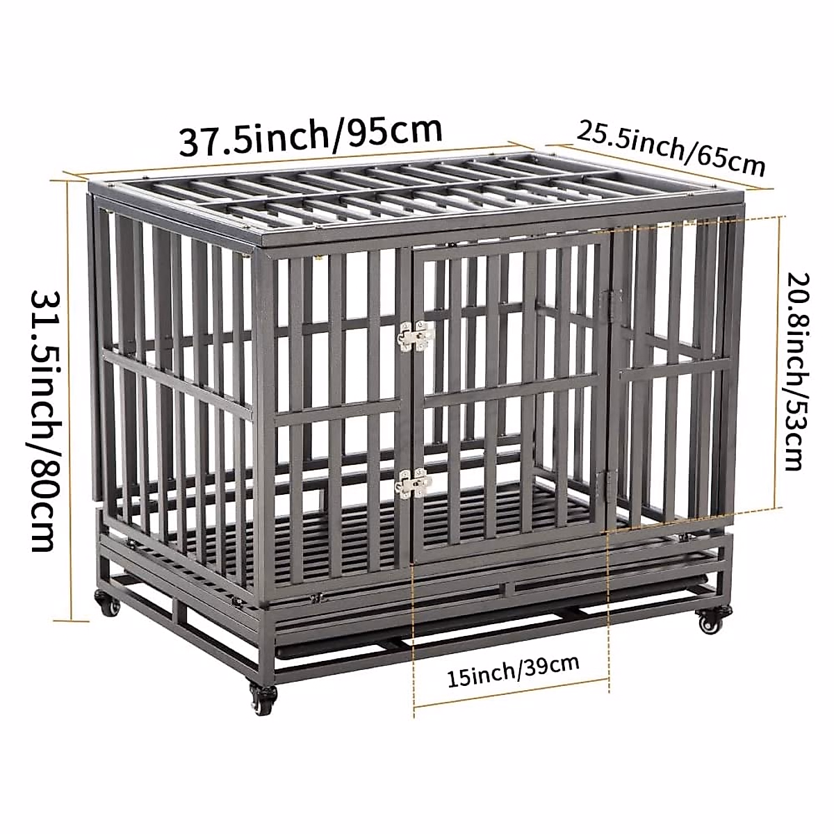 KELIXU 38” Heavy Duty Dog Crate Large Dog Cage Metal Dog Kennels and Crates for Large Dogs Indoor Outdoor with Locks, Lockable Wheels and Removable Tray, Easy to Install, Black