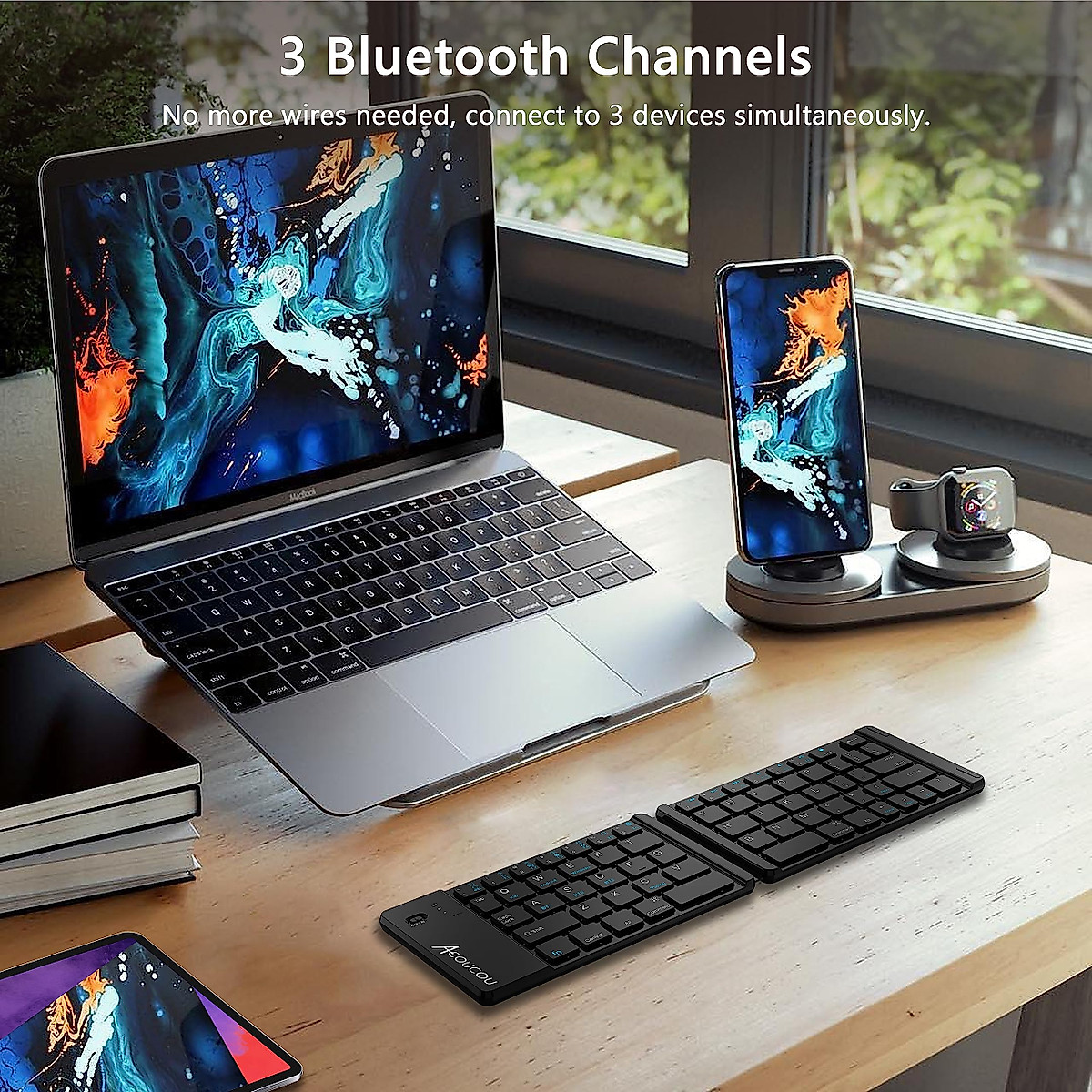 Acoucou Mini Bluetooth Keyboard Wireless Foldable Keyboard, Rechargeable Bluetooth Keyboard Portable Pocket Size Keyboard, Compatible with MAC/iOS, Windows, Android Smartphones, Tablets, Laptops etc.
