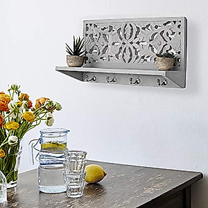 American Art Decor Hand-Carved Wooden Shelf and Coat Rack, Antique Floral Wall Decor – Dove Grey (12”x24”x4.5)