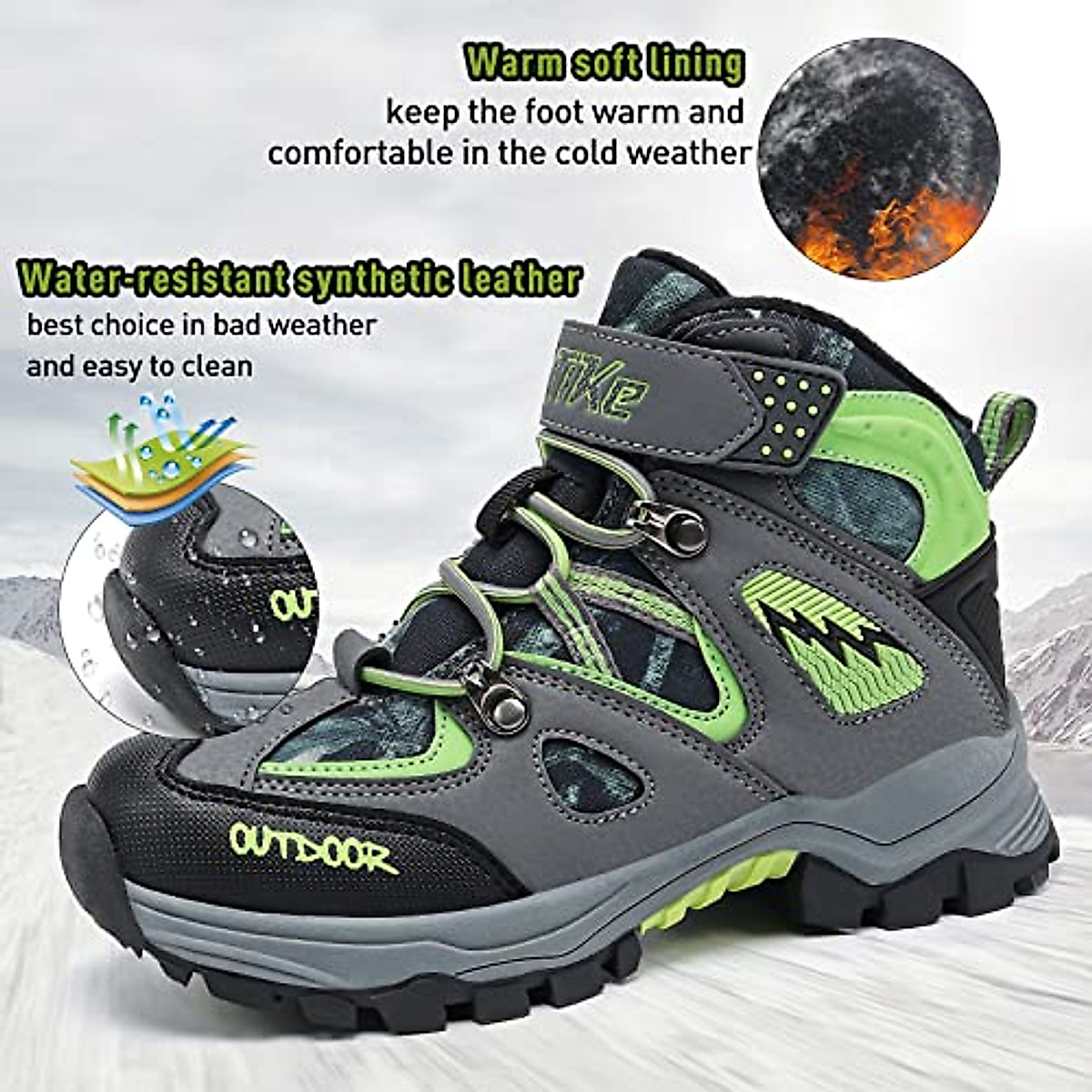 VITUOFLY Boys Hiking Boots Kids Warm Winter Snow Boots Girls Hiking Shoes Outdoor Adventure Trekking Shoes Anti-skid Sneakers Steel Buckle Grey Green Size 6.5
