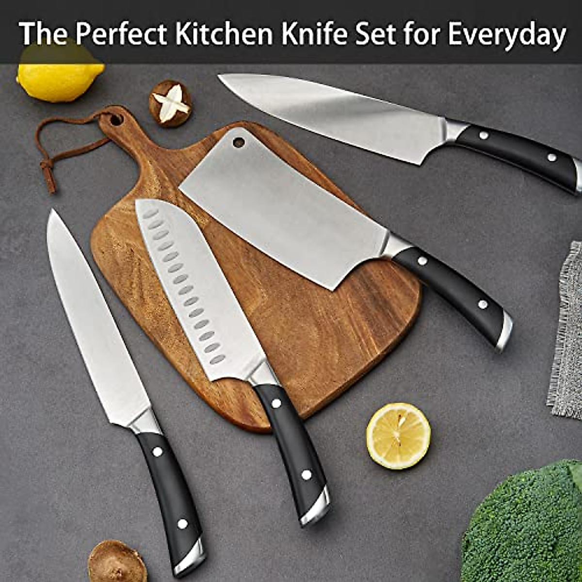 NIUXX 18-Pieces Kitchen Knife Block with Knives, Acacia Wood Knife Organizer with Cutting Board Countertop, Large Knife Rack Holder for Scissor and Sharpener, Ideal Gift Choices