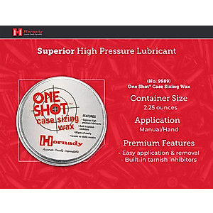 Hornady One Shot Case Sizing Wax, 2.25 Oz – Wipes Off Easily, No Sticky Residue – Straightforward Reloading, Makes Sizing Cases Smooth and No Trouble – an Alternative to Spray Lube or Lube Pads
