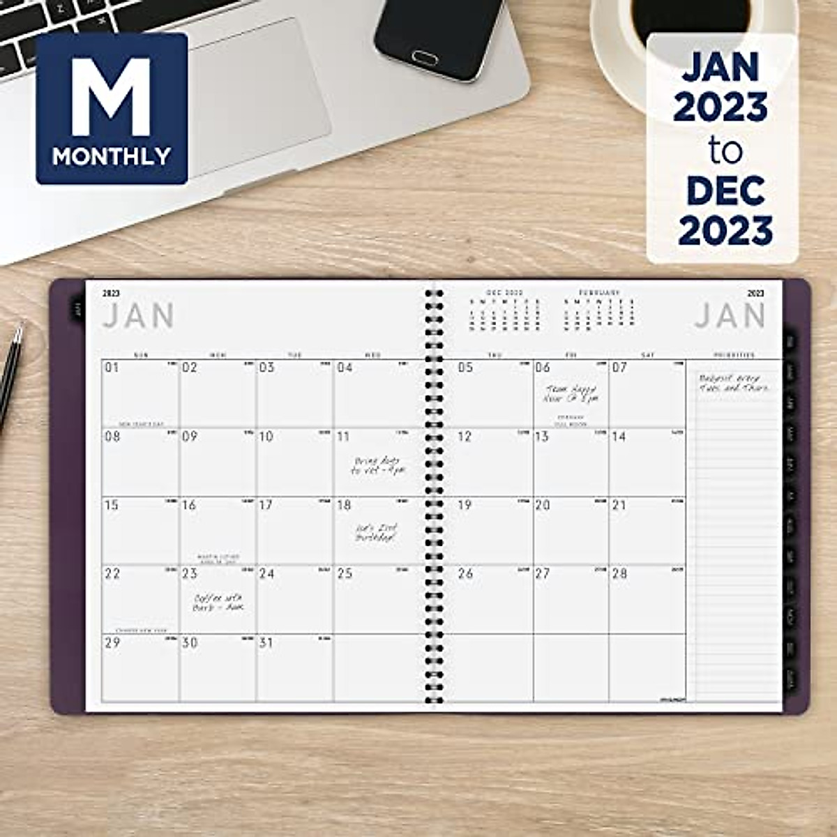 AT-A-GLANCE 2023 Monthly Planner, 9” x 11”, Large, Monthly Tabs, Pocket, Faux Leather, Contemporary, Merlot (70250X50)