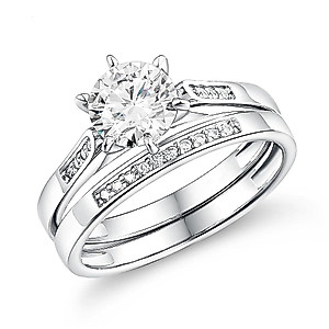 Bridal Sets Wedding Rings for Women 6-Prong Wedding Ring Set Platinum Plated Silver, 1 Carat Center Moissanite Engagement Ring Set Anniversary Promise Rings with Text Enfraving（size 7