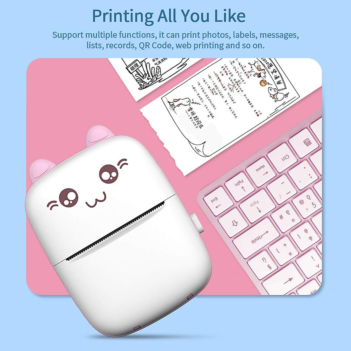 Fernuenx Mini Portable Printer, Wiresless Bluetooth Inkless Pocket Thermal Printer with 6 Rolls of Thermal Paper for Android iOS Phone，Gift for Notes Study Travel Photos Office Home，Pink