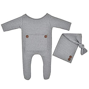 Fashion Newborn Boys Girls Baby Photo Shoot Props Outfits Crochet Clothes Long Tail Hat Pants Photography Props (gray)