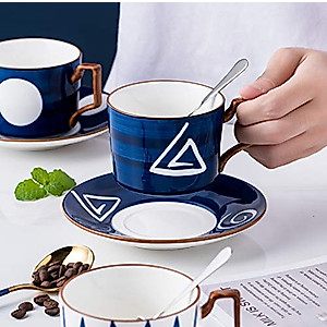 Jusalpha Japanese style hand printed- 7oz Fine China Tea Cup/Coffee Cup With Spoon and Tray/Saucer Set, Tableware, Serve of 4, TCS25