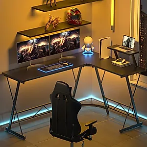 Mr IRONSTONE 63" L Shaped Computer Desk, Corner Desk, Home Office Desk, Gaming Writing Workstation with Large Monitor Stand, Easy to Assemble, Black Willow