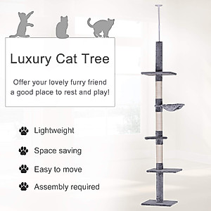 PawHut 8.5' Adjustable Height Floor-to-Ceiling Vertical Cat Tree, Gray and White