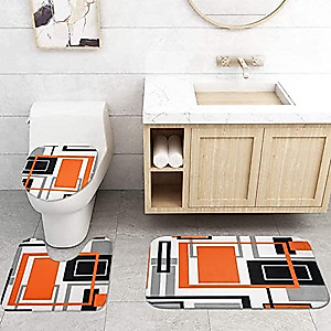 Likiyol 4 Pcs Burnt Orange Shower Curtain Sets with Non-Slip Rugs, Toilet Lid Cover and Bath Mat, Modern Abstract Geometric Shower Curtain with 12 Hooks, Black Grey Bathroom Set