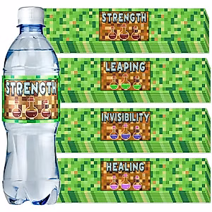 48 Pieces Pixel Waterproof Bottle Labels Miner Bottle Labels Party Decorations Potions Bottle Pixel Themed Birthday Party Supplies for Kids Boys Girls Video Game Pixel Style Birthday Party Favors
