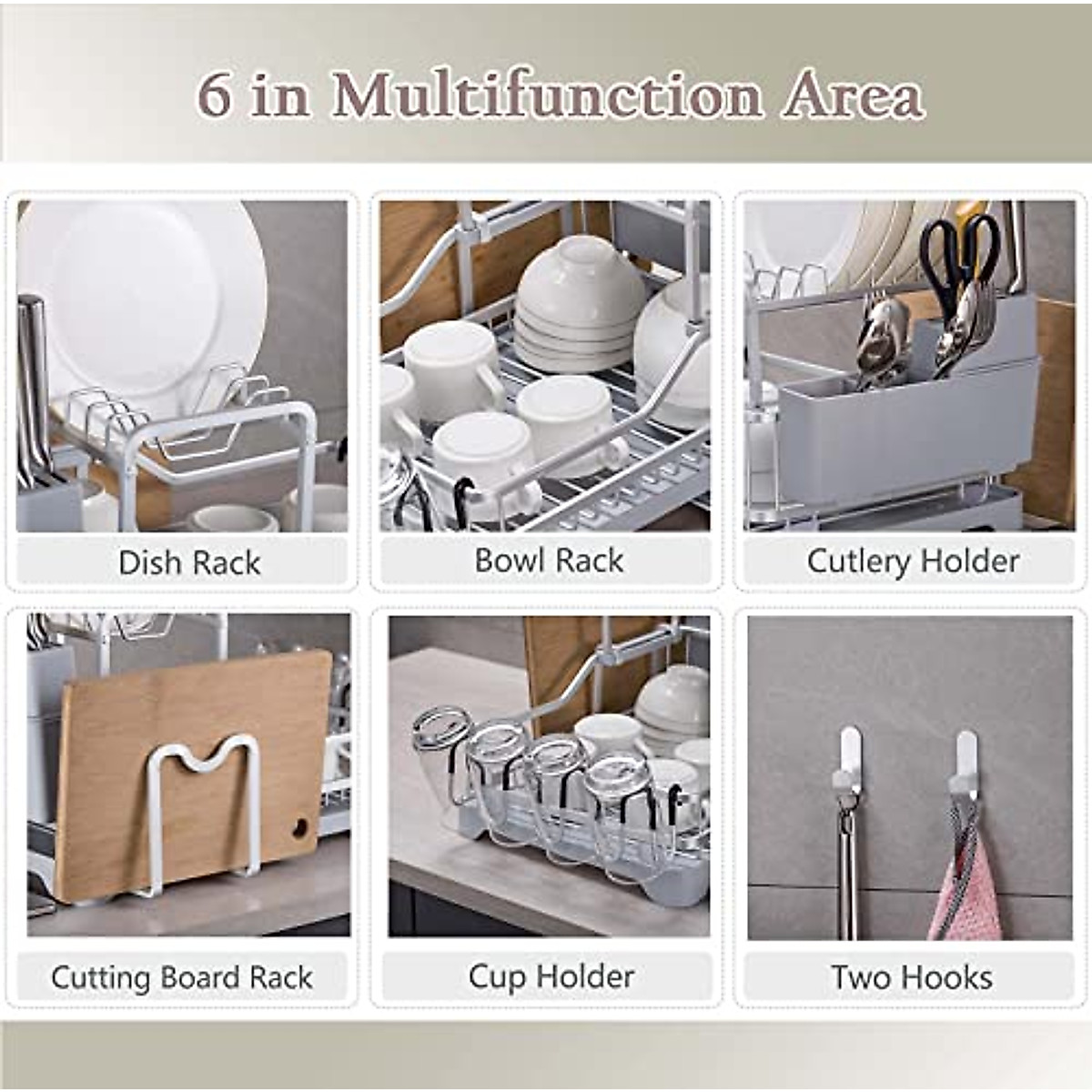 Panchydor Dish Rack,Aluminum 2 Tier Silver Large Dish Drainers for Kitchen Counter,One-Step Installation Automatic Draining Dish Rack with Cup Holder,Utensil Holder,Cutting Board Holder,Two Hooks