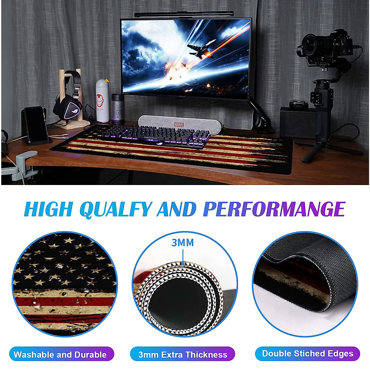 Large Extended Gaming Mouse Pad with Stitched Edges, Non-Slip Waterproof Rubber Base Mouse Pad for Office, Computer, Keyboard, Laptop and Home Desk Pad 35.4 x 15.7 x 0.12 Inch (American Antique Flag)