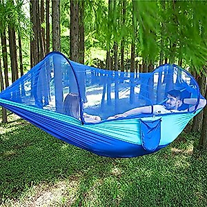 LFL Camping Hammock with Mosquito Net, Hammocks with 13ft Tree Straps Carabiners, Automatic Quick Open Outdoor Portable Hammock, Nylon Parachute Material Hammock with net, Blue