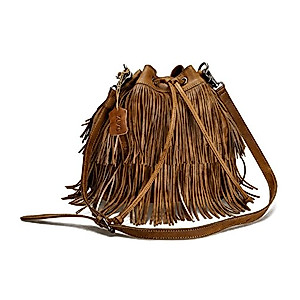 ZLYC Women Handmade Dip Dye Leather Bohemian Fringe Tassel Drawstring Bucket Bag, Brown
