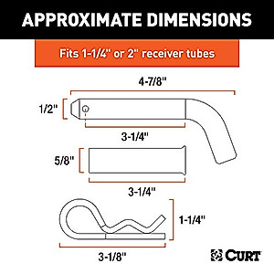 CURT 21502 Trailer Hitch Pin & Clip, 1/2-Inch Diameter with 5/8-Inch Adapter, Fits 1-1/4 or 2-Inch Receiver, SILVER