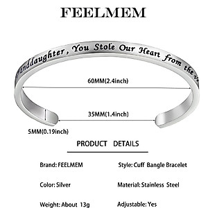 FEELMEM Granddaughter Bracelet Granddaughter, You Stole Our Heart from the Very Start Cuff Bangle Gift for Granddaughter Family Jewelry(Granddaughter Stole Heart-Silver)