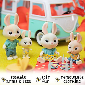 Honey Bee Acres The McScampers Rabbit Family, 4 Mini Flocked Doll Play Figures, Bunny Collectibles, Pretend Play Toys for Kids, Valentines, Easter Basket, Birthday Gift for Girls 3+