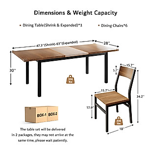 iPormis 7-Piece Dining Table Set with 6 Chairs, 63" Extendable Kitchen Table & Chairs Set for 4-6, Dining Room Table with Metal Frame & MDF Board, Perfect for Small Space, Easy Clean, Walnut
