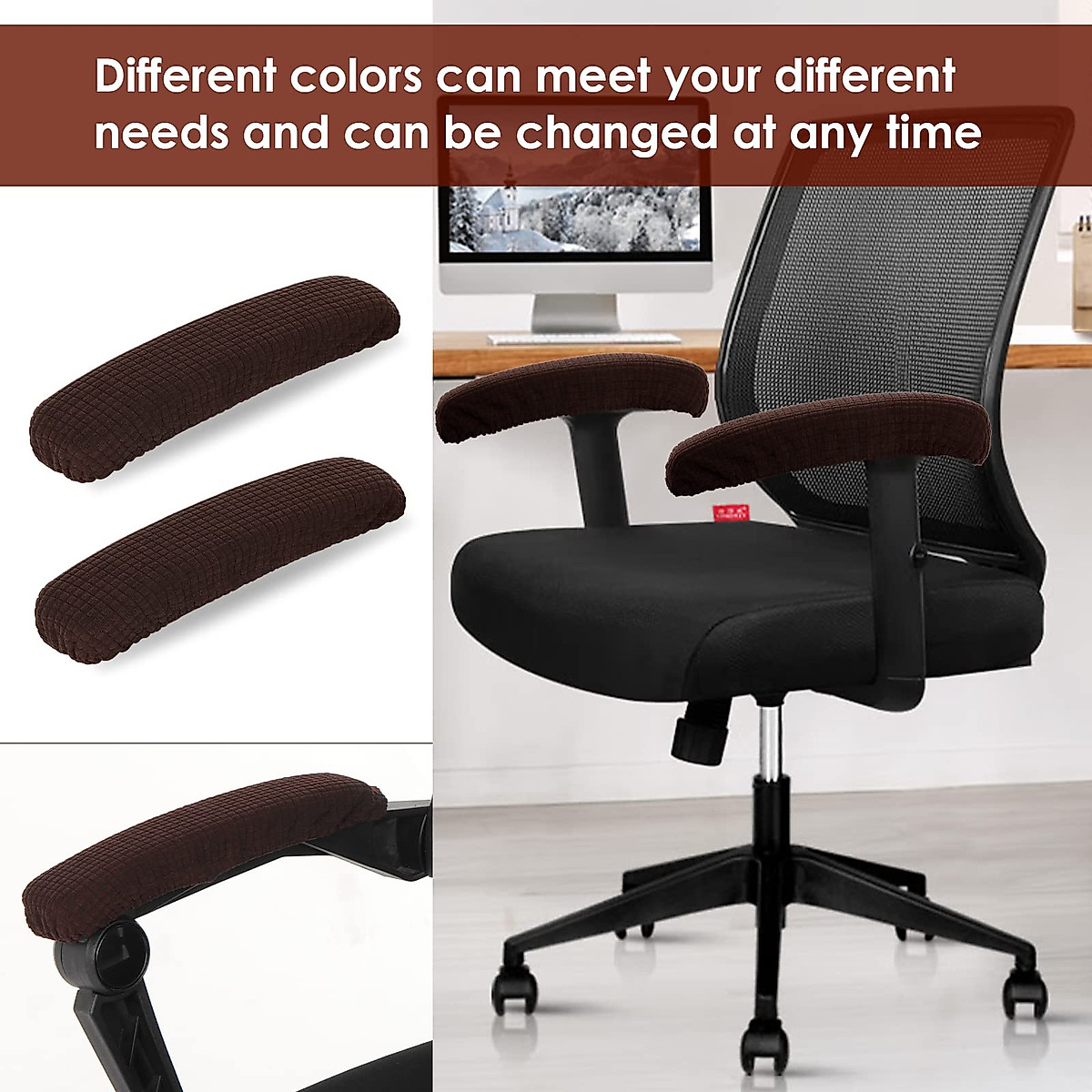 TIESOME Office Chair Arm Armrest Covers, 2Pcs Stretchable Polyester Office Chair Protector Covers Relieves Elbow Discomfort (Length-40cm) (Coffee)