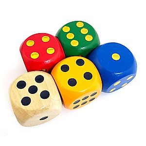 SmartDealsPro Set of 5 Random Color Large 1 1/5" Round Edge Wooden Dice (5 Colors with dots)