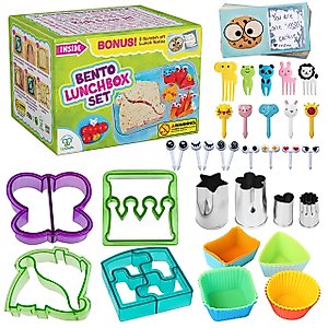 Complete Bento Lunch Box Supplies and Accessories For Kids - Sandwich Cutter and Bread Crust Remover - Mini Vegetable Fruit cookie cutters - Silicone Cup Dividers - Food Picks and FREE Lunch Notes