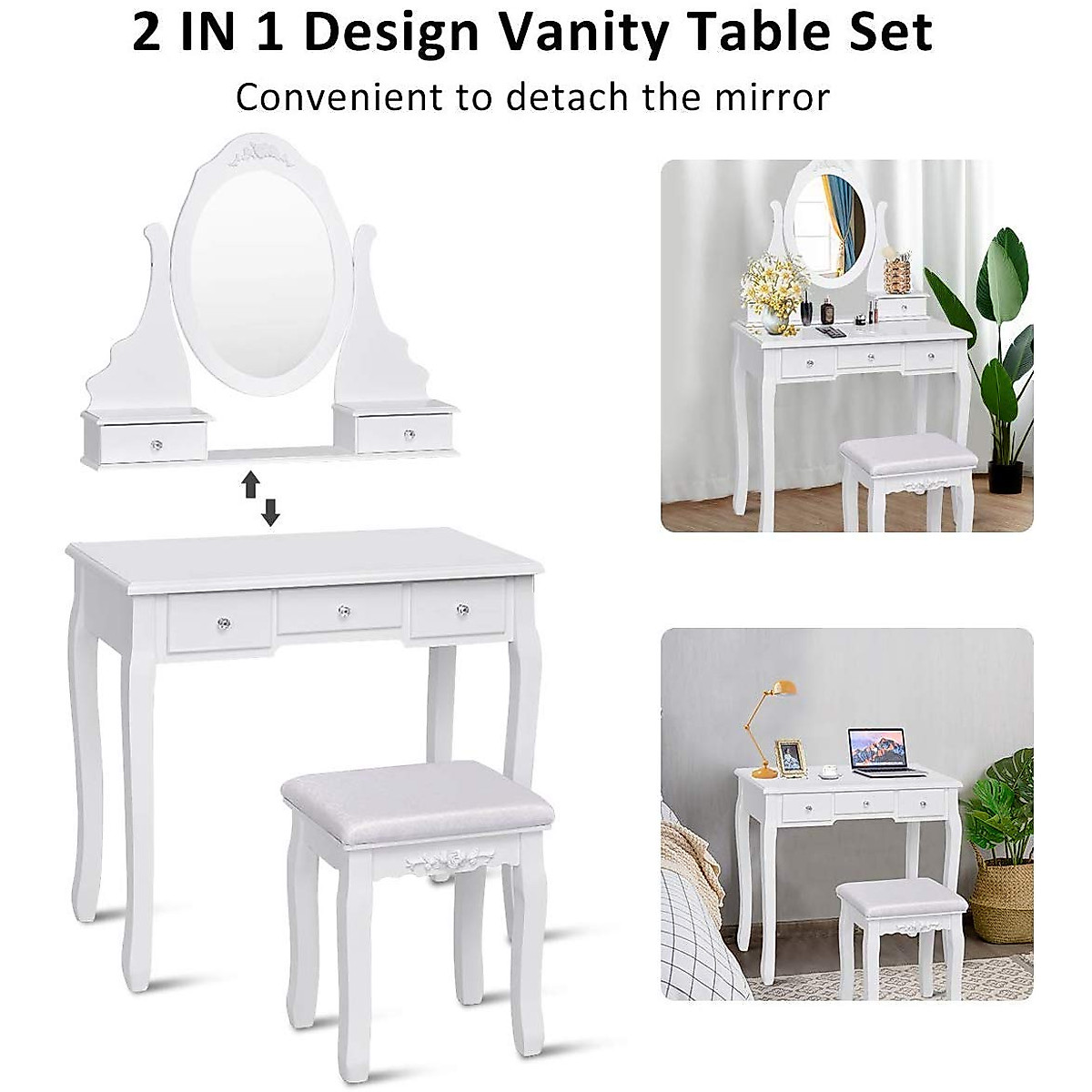 Vanity Table Set, Wooden Dressing Table with Oval 360° Rotating Mirror, 5 Storage Drawers, Painted Finish, Vanity Makeup Table with Padded Stool Seat, Detachable Table Top, Easy to Assemble (White)