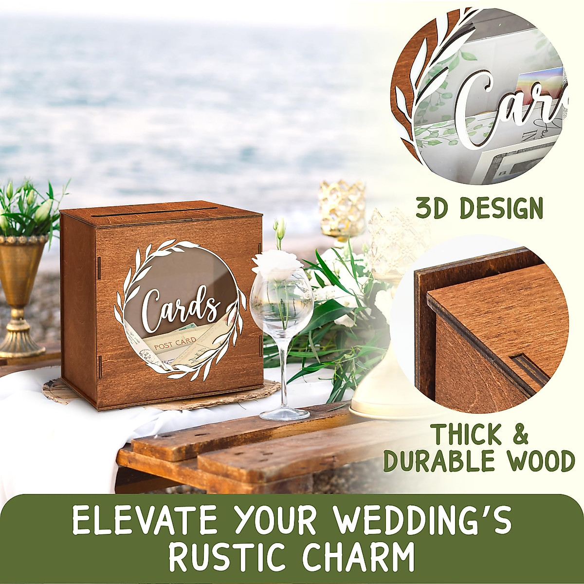 WOODAMORE Wooden Card Box For Wedding - Rustic Wedding Card Boxes For Reception, Wedding Box For Cards And Money, Wood Gift Card Box Holder For Graduation, Funeral, Wedding Envelope Box For Party