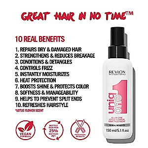REVLON PROFESSIONAL UNIQONE HAIR TREATMENT, Moisturizing Leave-In Product, Repair For Damaged Hair, Promotes Healthy Hair, Lotus Flower Fragrance, 5.1 Fl Oz (Pack of 1)